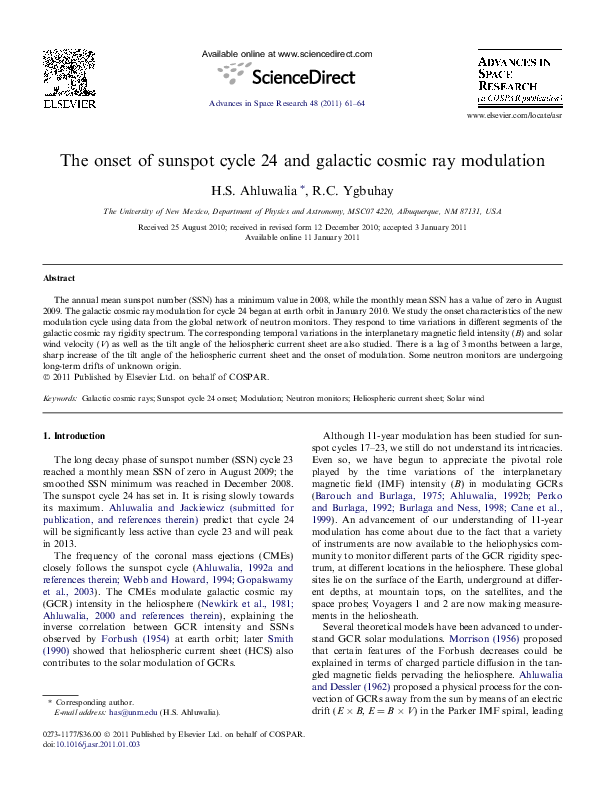 (PDF) The onset of sunspot cycle 24 and galactic cosmic ray modulation
