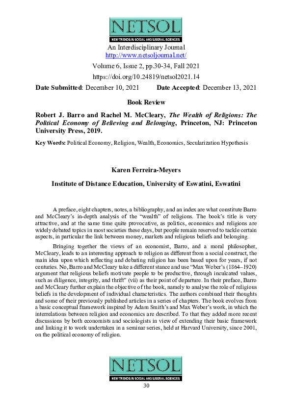 (PDF) Karen Ferreira-Meyers, Book Review: Robert J. Barro and Rachel M ...