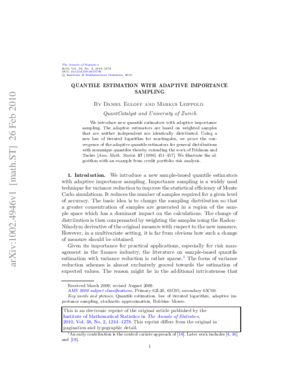 (PDF) Quantile estimation with adaptive importance sampling