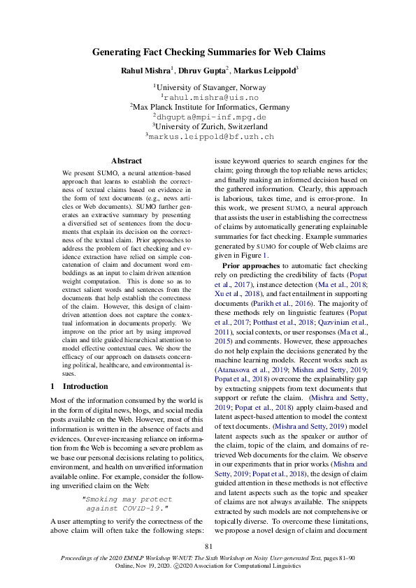 Pdf Generating Fact Checking Summaries For Web Claims Markus