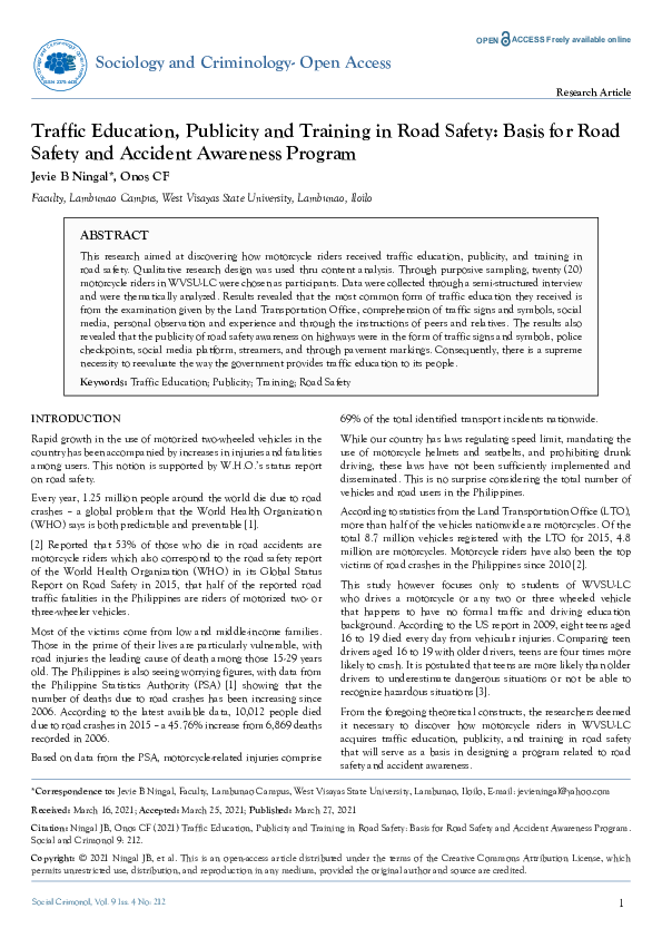 (PDF) Traffic Education, Publicity and Training in Road Safety: Basis ...