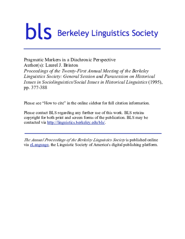 (PDF) Pragmatic Markers in a Diachronic Perspective