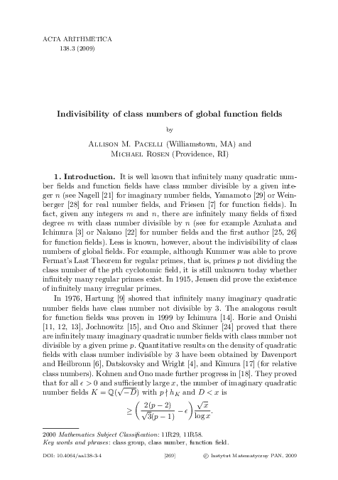 (PDF) Indivisibility of class numbers of global function fields