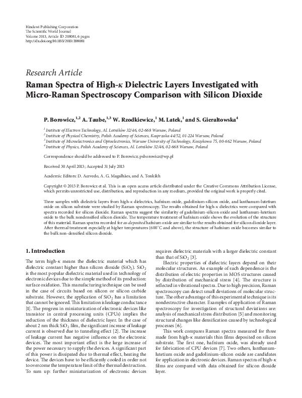 (PDF) Raman Spectra of High-κ Dielectric Layers Investigated with Micro ...