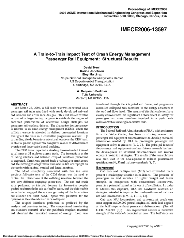 (PDF) Train-to-Train Impact Test: Occupant Protection Experiments