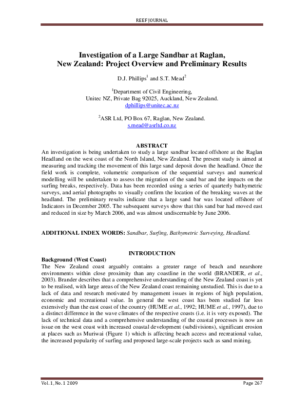 (PDF) Investigation of a Large Sandbar at Raglan, New Zealand: Project ...