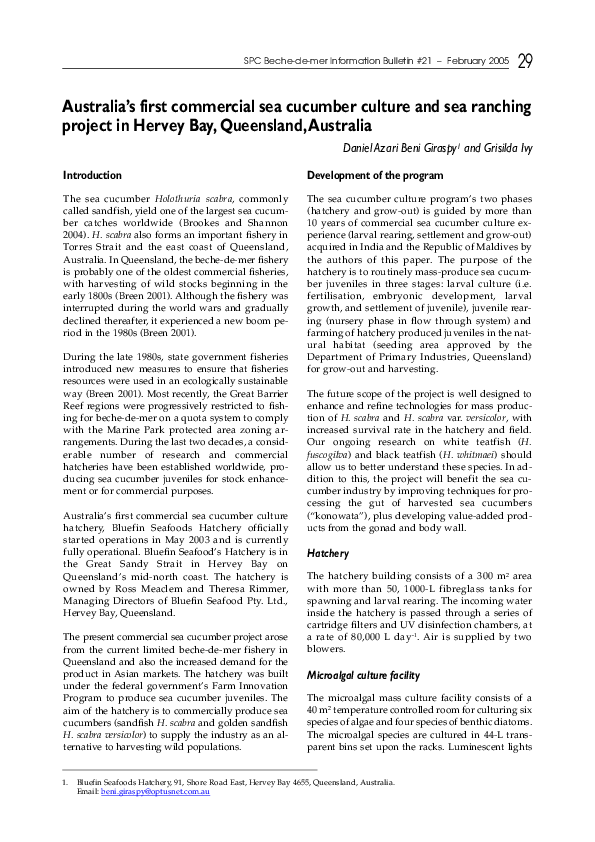 (PDF) Australia's first commercial sea cucumber culture and sea ...