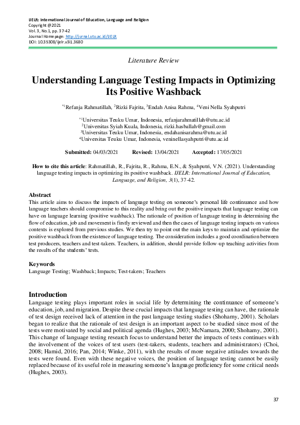 Pdf Understanding Language Testing Impacts In Optimizing Its Positive Washback