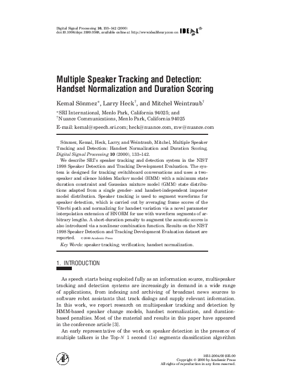 (PDF) Multiple Speaker Tracking and Detection: Handset Normalization and Duration Scoring
