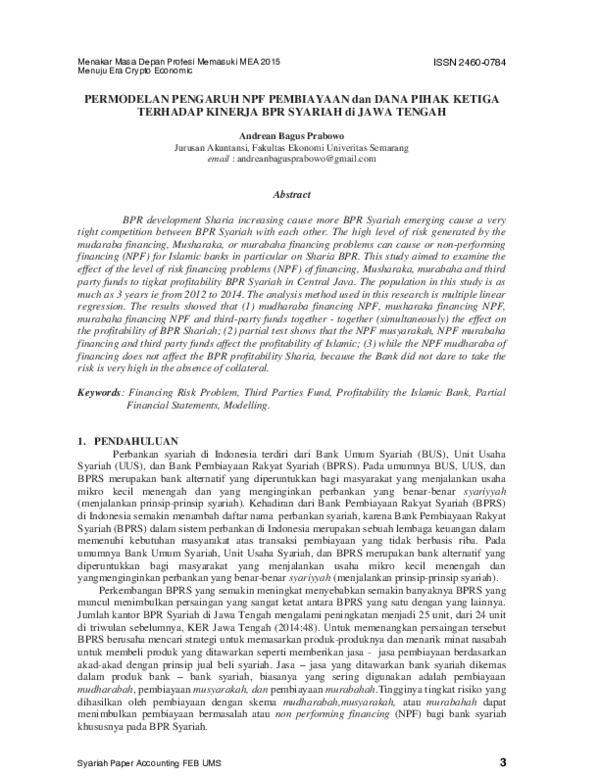 (PDF) PERMODELAN PENGARUH NPF PEMBIAYAAN dan DANA PIHAK KETIGA TERHADAP KINERJA BPR SYARIAH di ...