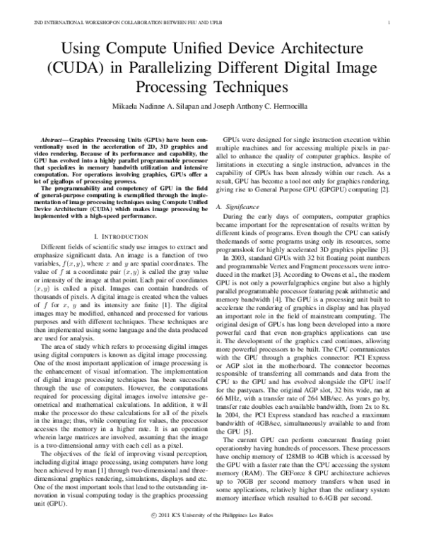 Pdf Using Compute Unified Device Architecture Cuda In Parallelizing Different Digital Image