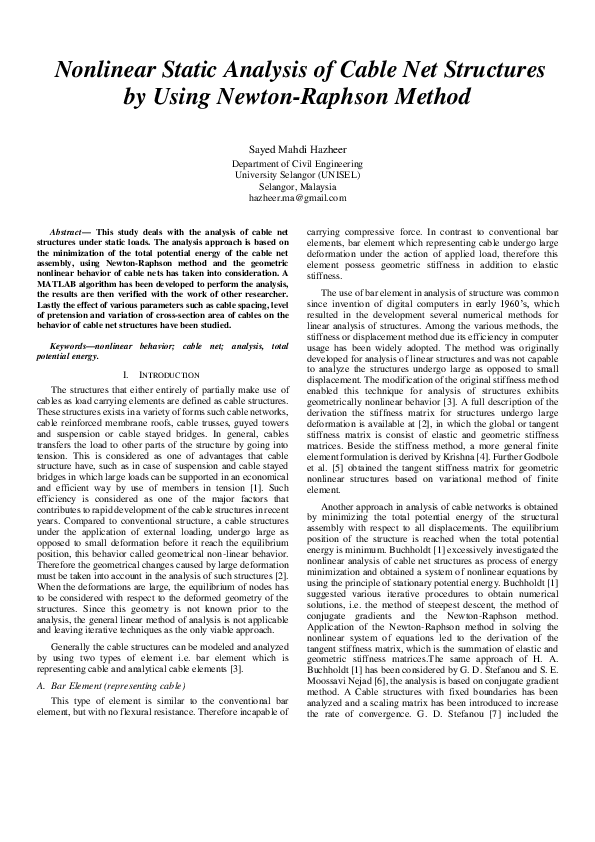 Pdf Nonlinear Static Analysis Of Cable Net Structures By Using Newton