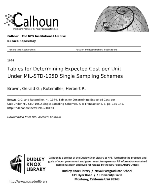 (PDF) Tables for Determining Expected Cost Per Unit under MIL-STD-105D ...