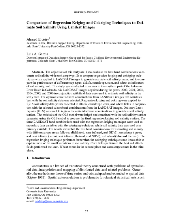 (PDF) Comparison of Regression Kriging and Cokriging Techniques to Esti- mate Soil Salinity ...