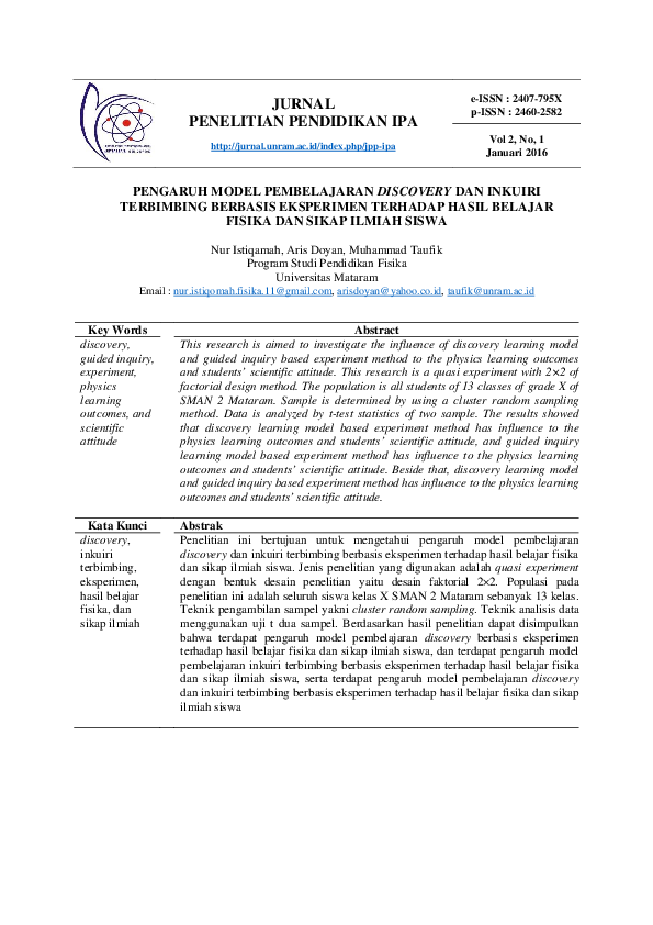 (PDF) Pengaruh Model Pembelajaran Discovery Dan Inkuiri Terbimbing Berbasis Eksperimen Terhadap ...