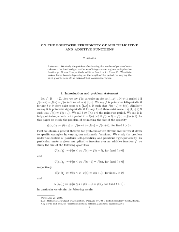 (PDF) On the Pointwise Periodicity of Multiplicative and Additive Functions