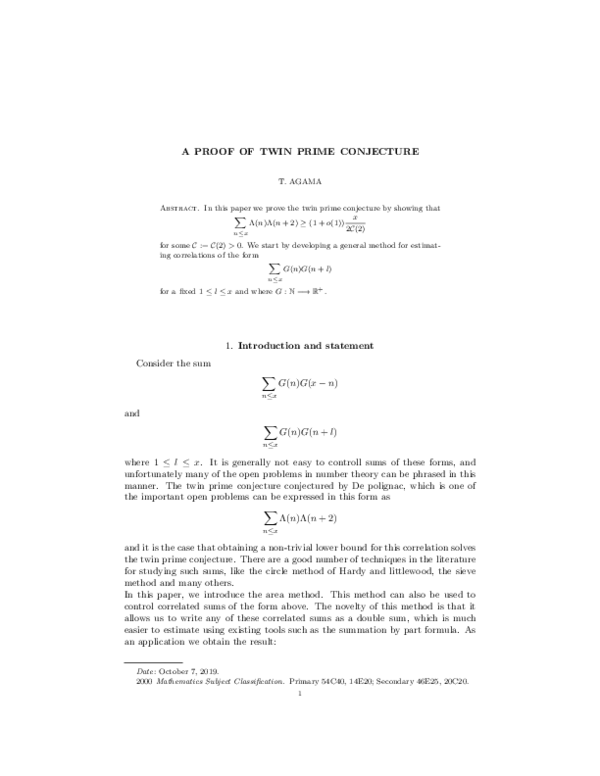 (PDF) A Proof of Twin Prime Conjecture