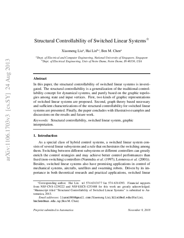 (PDF) Structural controllability of switched linear systems