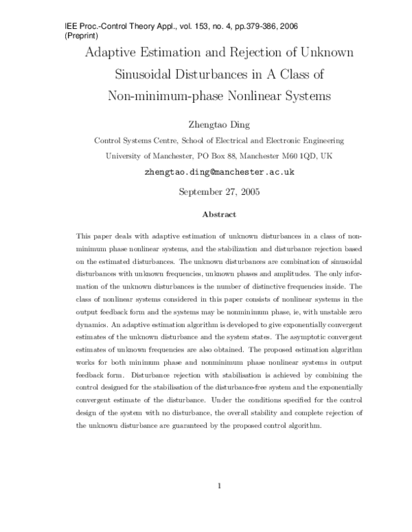 (PDF) Adaptive estimation and rejection of unknown sinusoidal disturbances in a class of non ...