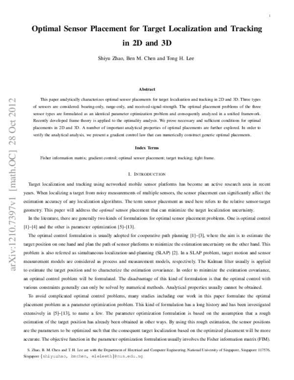 Pdf Optimal Sensor Placement For Target Localisation And Tracking In 2d And 3d