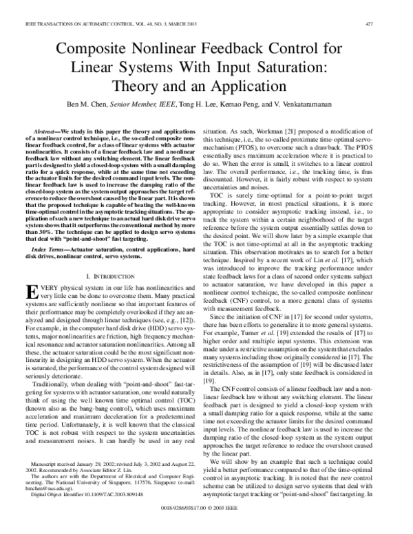 Pdf Composite Nonlinear Feedback Control For Linear Systems With Input Saturation Theory And