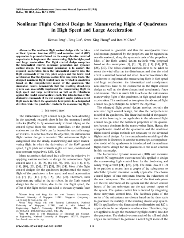 (PDF) Nonlinear Flight Control Design for Maneuvering Flight of Quadrotors in High Speed and ...