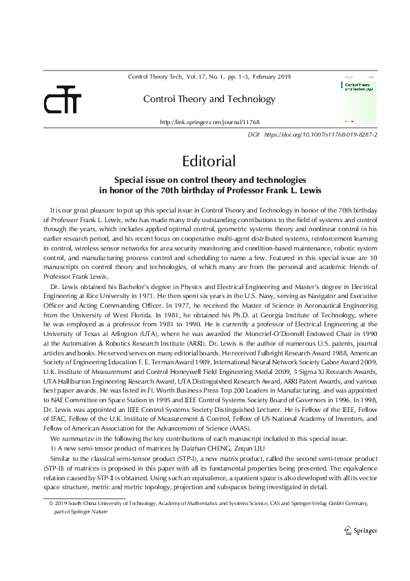 (PDF) Special issue on control theory and technologies in honor of the ...