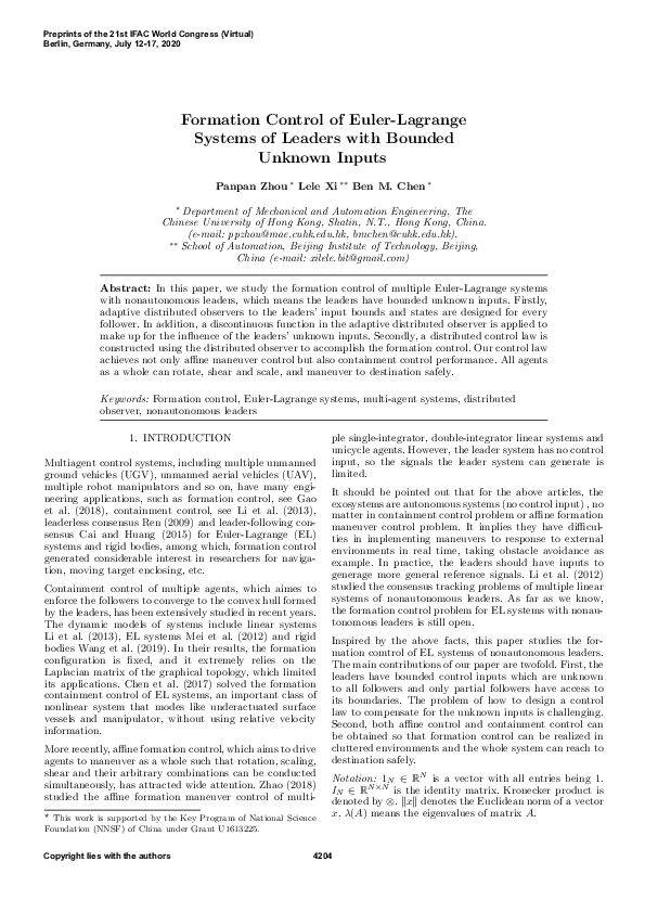 (PDF) Formation Control of Euler-Lagrange Systems of Leaders with Bounded Unknown Inputs