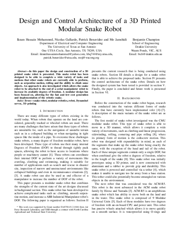 (PDF) Design and control architecture of a 3D printed modular snake robot