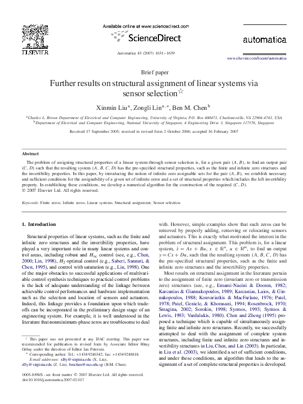 Pdf Further Results On Structural Assignment Of Linear Systems Via Sensor Selection Ben M