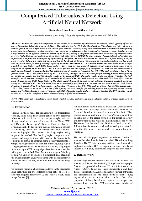 Pdf Computerised Tuberculosis Detection Using Artificial Neural Network