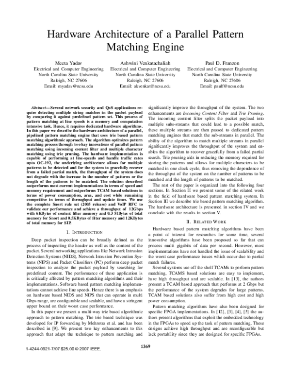 Pdf Hardware Architecture Of A Parallel Pattern Matching Engine