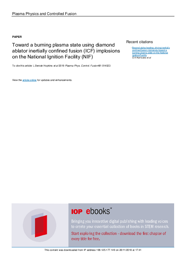 (PDF) Toward a burning plasma state using diamond ablator inertially ...