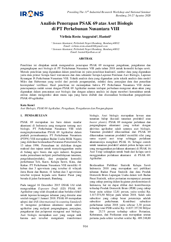 (PDF) Analisis Penerapan PSAK 69 atas Aset Biologis di PT Perkebunan ...