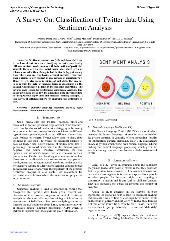 Pdf A Survey On Classification Of Twitter Data Using Sentiment Analysis