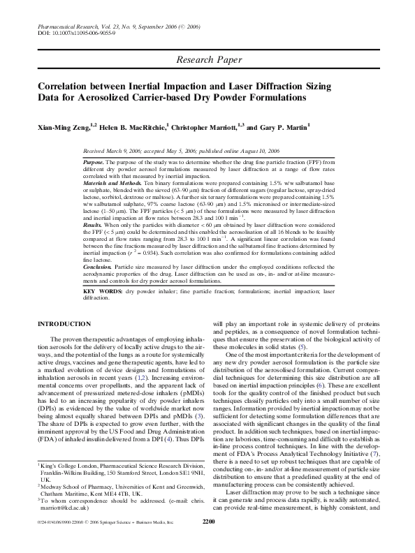 Pdf Correlation Between Inertial Impaction And Laser Diffraction Sizing Data For Aerosolized