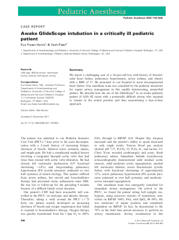 (PDF) Awake GlideScope intubation in a critically ill pediatric patient ...