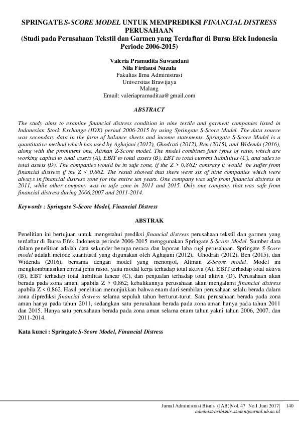 (PDF) SPRINGATE S-SCORE MODEL UNTUK MEMPREDIKSI FINANCIAL DISTRESS ...