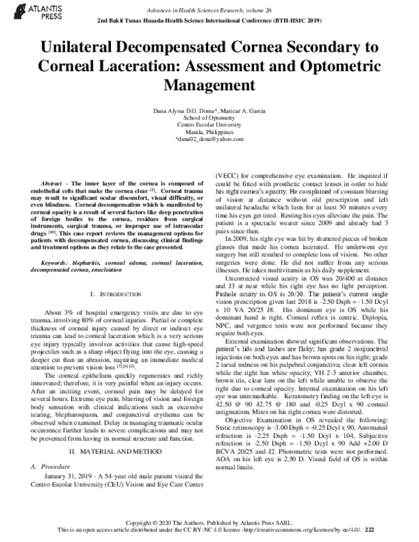 (PDF) Unilateral Decompensated Cornea Secondary to Corneal Laceration ...