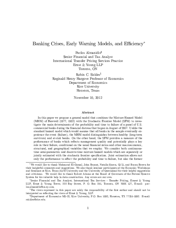 (PDF) Banking Crises, Early Warning Models, and E¢ ciency