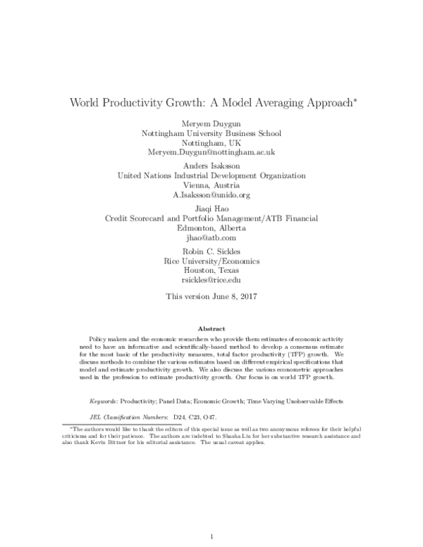 (PDF) World Productivity Growth: A Model Averaging Approach | Robin ...