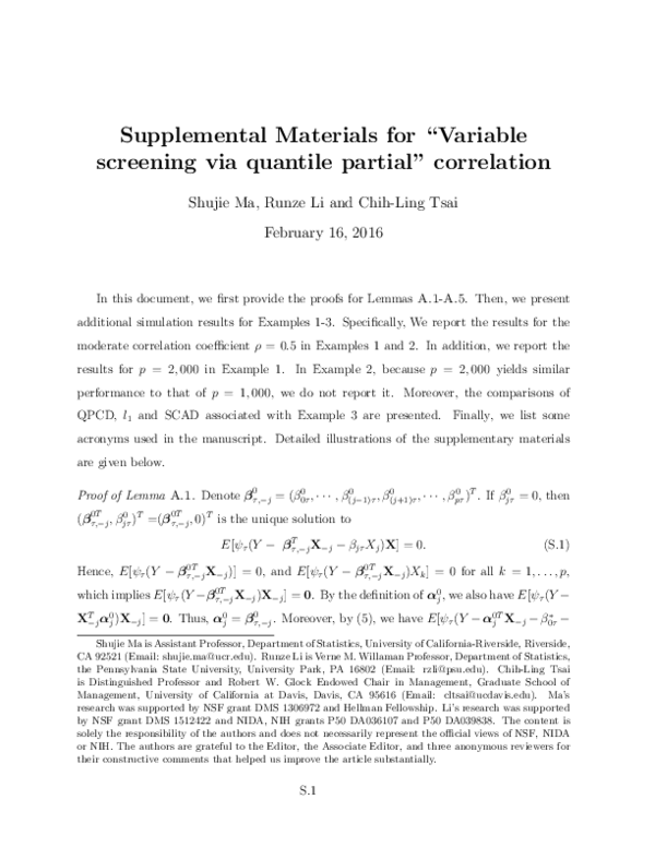 Pdf Supplemental Materials For “ Variable Screening Via Quantile Partial ” Correlation 