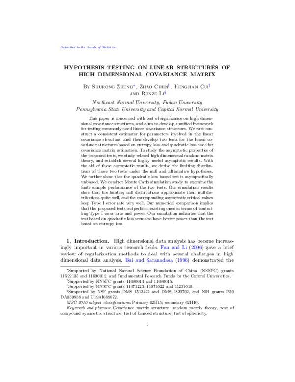 Pdf Testing On Linear Structures Of High Dimensional Covariance Matrix By