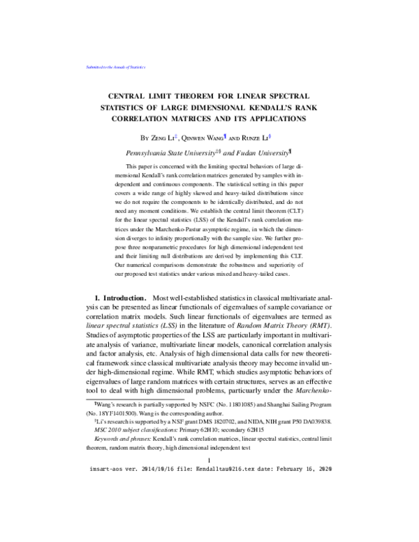 Pdf Central Limit Theorem For Linear Spectral Statistics Of Large