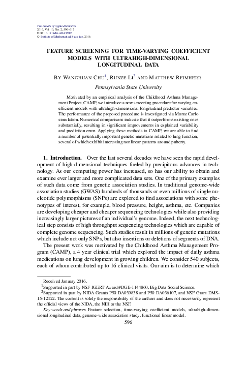 Pdf Feature Screening For Time Varying Coefficient Models With Ultrahigh Dimensional