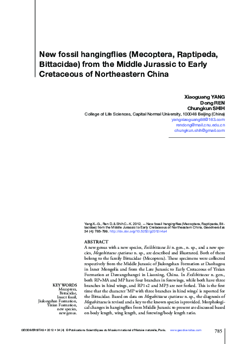 (PDF) New fossil hangingflies (Mecoptera, Raptipeda, Bittacidae) from ...