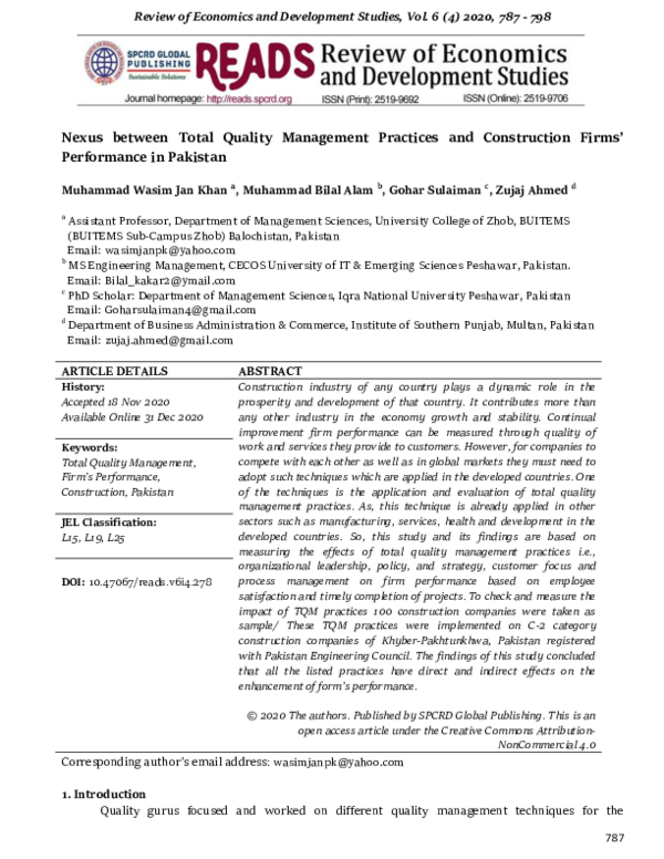 (PDF) Nexus between Total Quality Management Practices and Construction ...