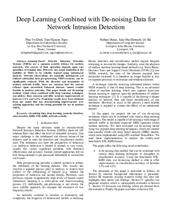Pdf Deep Learning Combined With De Noising Data For Network Intrusion Detection