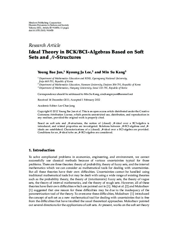 (PDF) Ideal Theory in BCK/BCI-Algebras Based on Soft Sets and 𝒩-Structures
