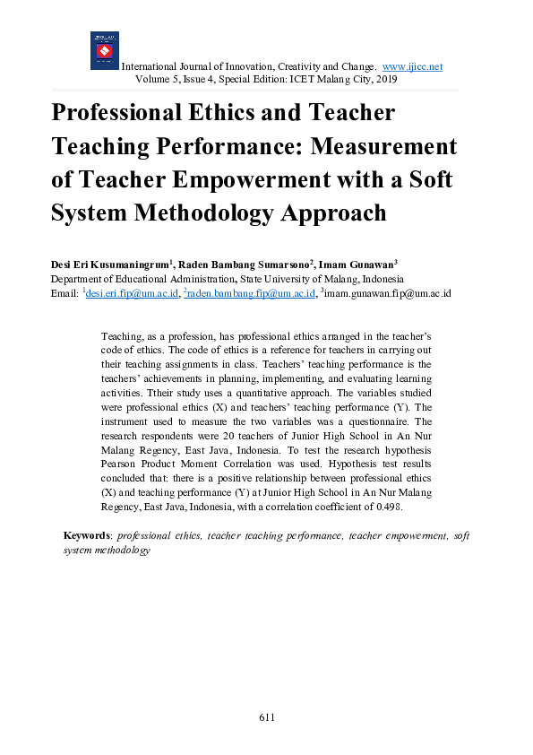 (PDF) Professional Ethics and Teacher Teaching Performance: Measurement ...
